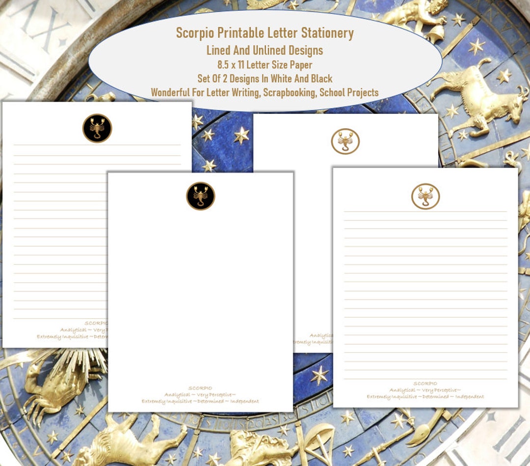 Scorpio Zodiac Inspired Printable Letter Size Writing Stationery, Lined ...