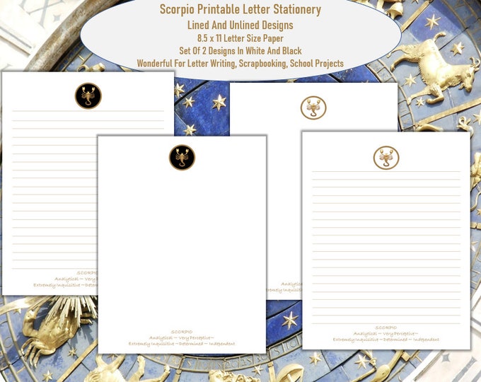 Scorpio Zodiac Inspired Printable Letter Size Writing Stationery, Lined ...
