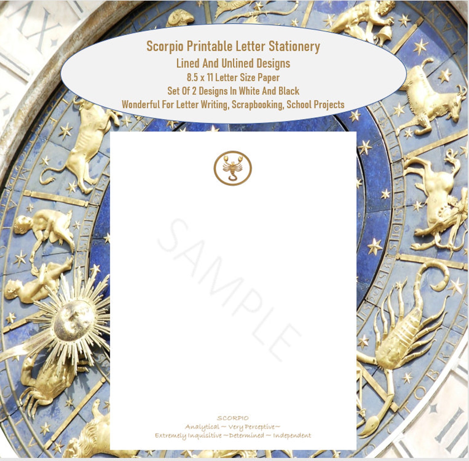 Scorpio Zodiac Inspired Printable Letter Size Writing Stationery, Lined ...
