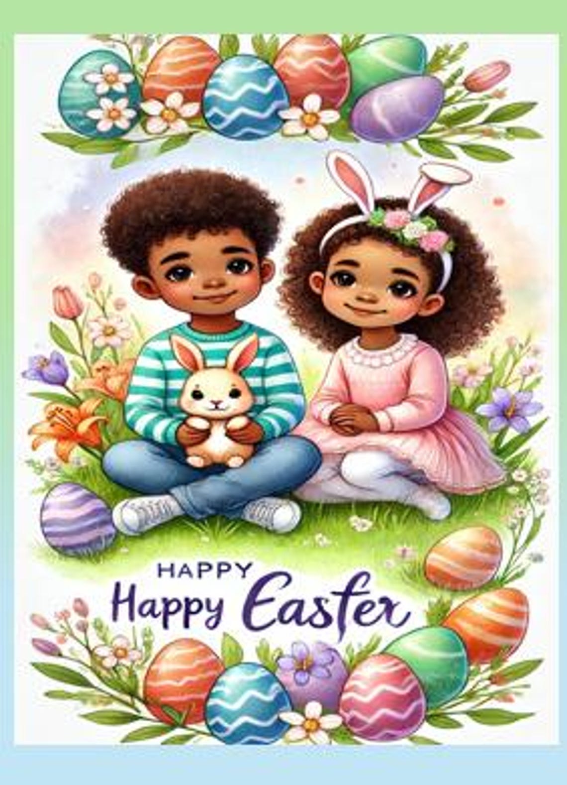 Printable Easter Holiday Cards Front Bundle, African American Children ...
