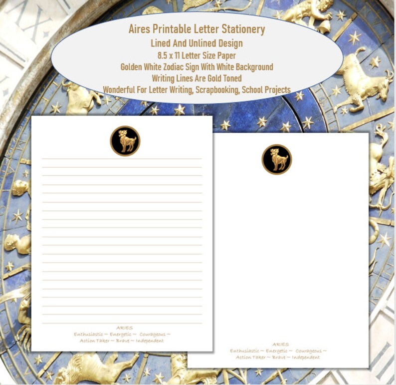 Aries Zodiac Inspired Printable Letter Size Writing Stationery, Lined ...