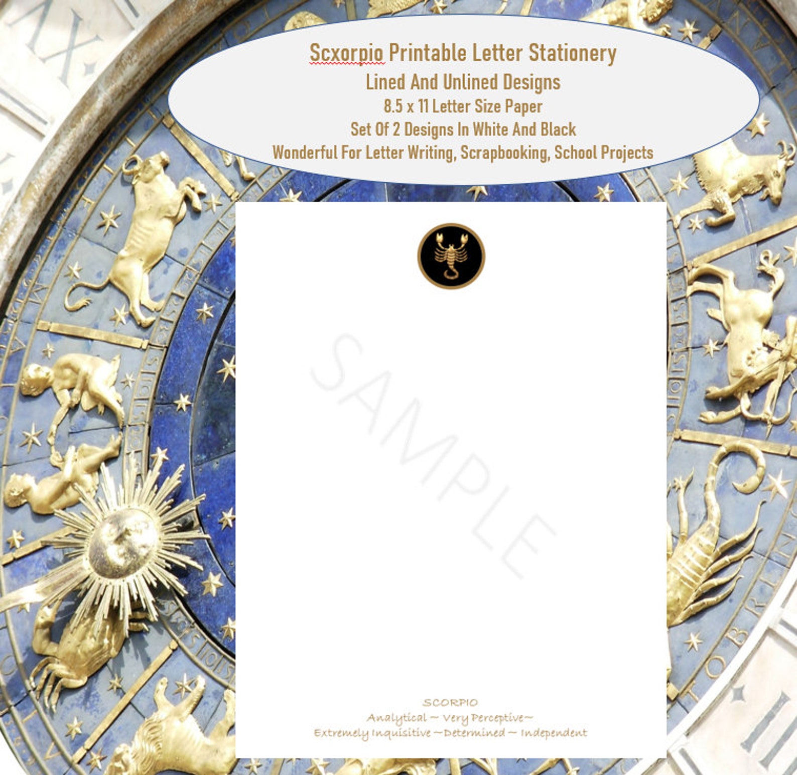 Scorpio Zodiac Inspired Printable Letter Size Writing Stationery, Lined ...