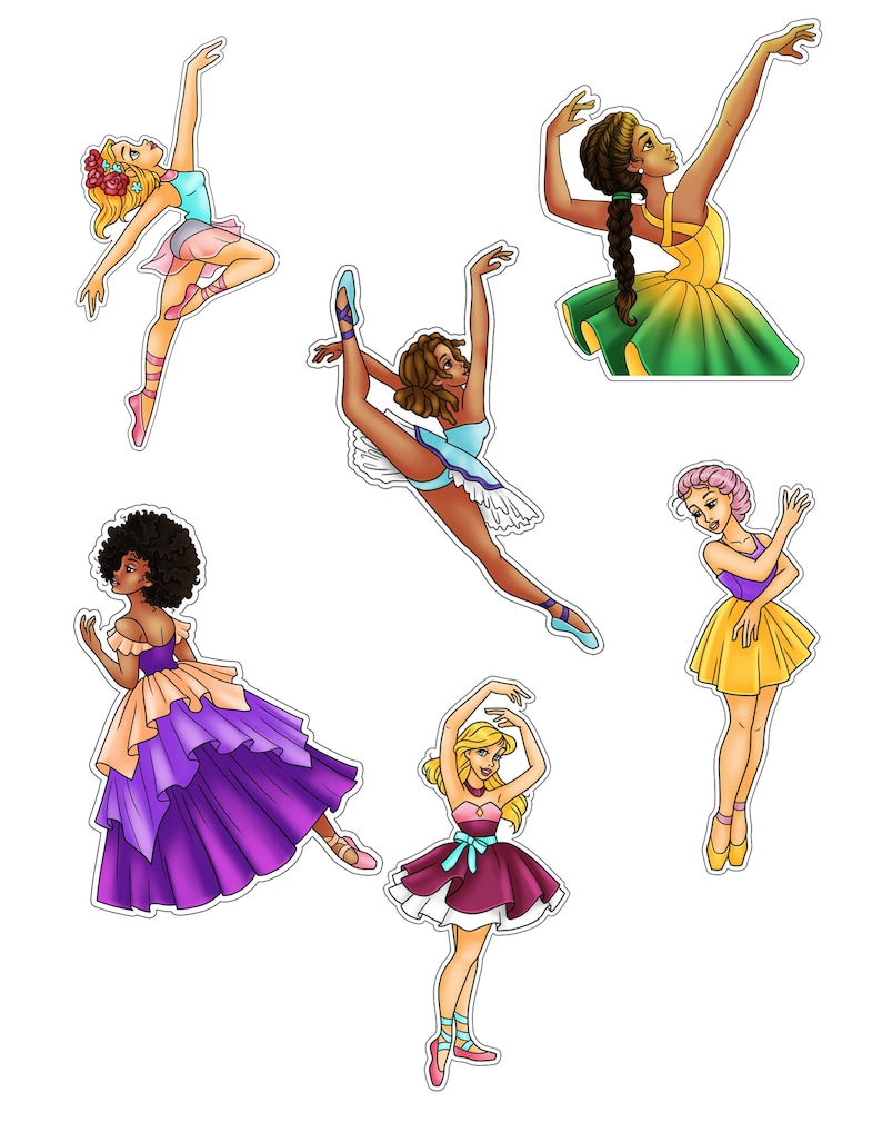 Printable Ballerina Stickers, 30 Designs, Multi Cultural Girl Dancers ...