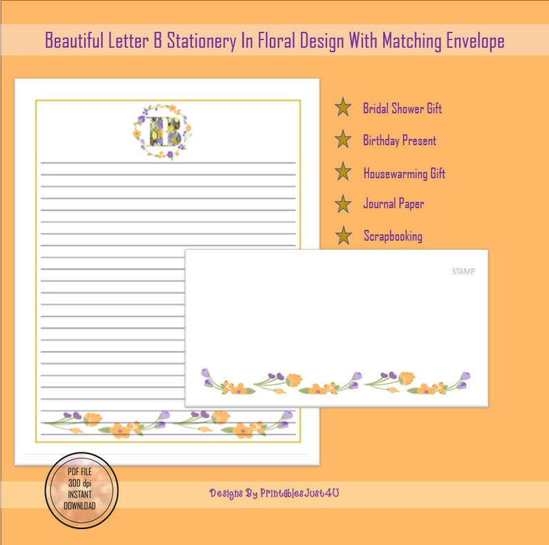 Printable Stationery Set/ Initial “b" Writing Paper & Envelope/8.5x11 ...