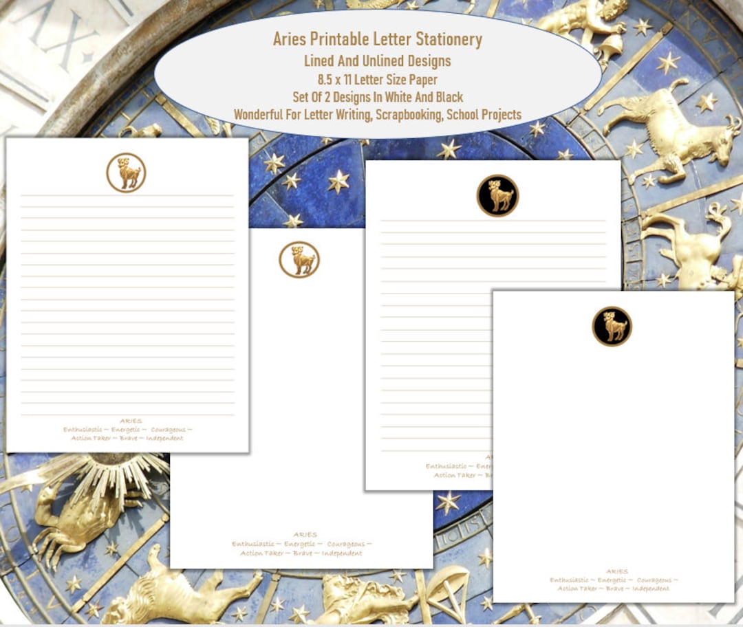 Aries Zodiac Inspired Printable Letter Size Writing Stationery, Lined ...