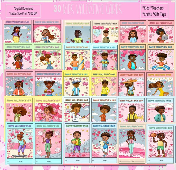 Set of 30 Printable African American Valentine's Day Cards | Etsy