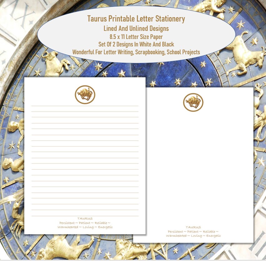 Taurus Zodiac Inspired Printable Letter Size Writing Stationery, Lined ...
