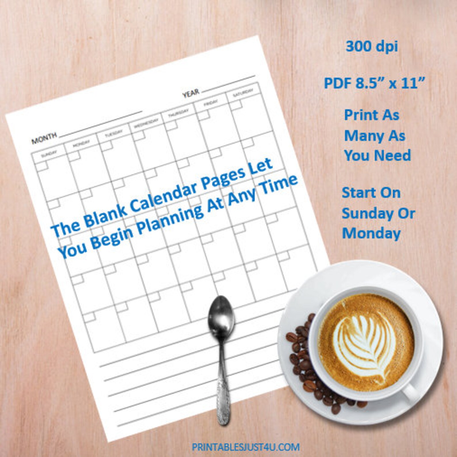 Blank Monthly Calendar Planner Pages /start Anytime /8.5x11 Letter Size ...