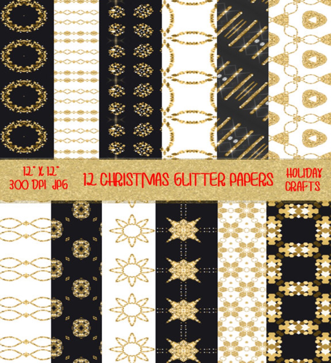 Printable Digital Papers ~ 12 Designs 12x12 Inch Black and Gold ...