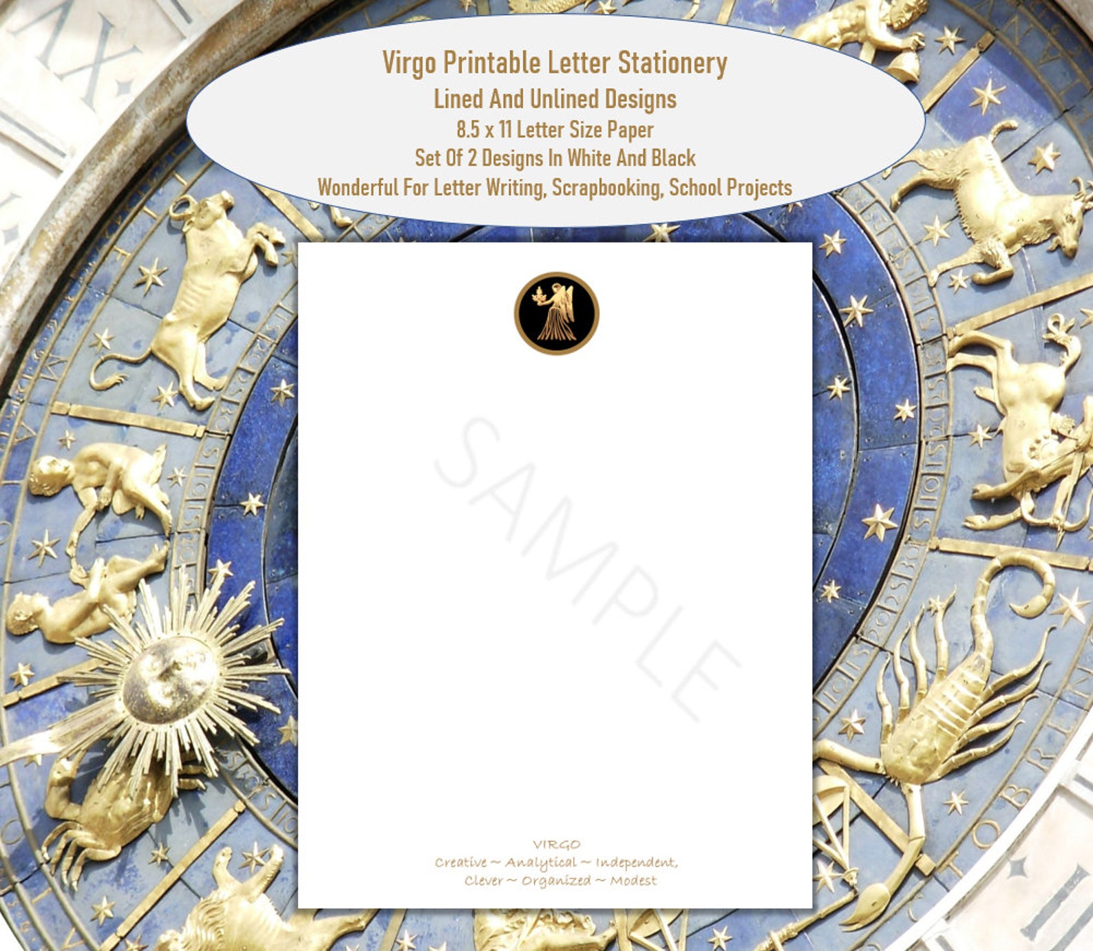 Virgo Zodiac Inspired Printable Letter Size Writing Stationery, Lined ...
