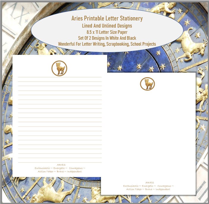 Aries Zodiac Inspired Printable Letter Size Writing Stationery, Lined ...