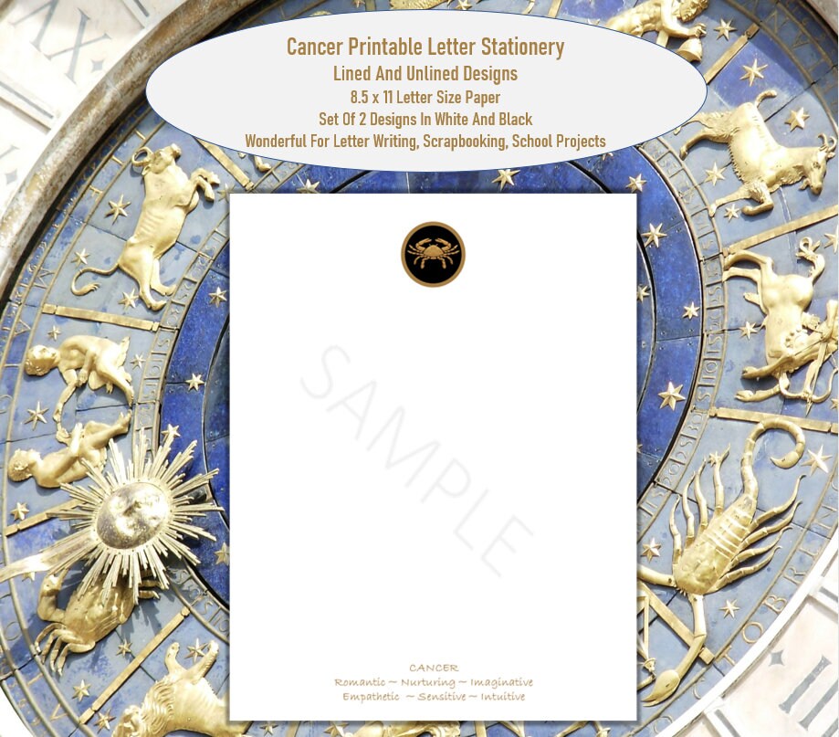 Cancer Zodiac Inspired Printable Letter Size Writing Stationery, Lined ...