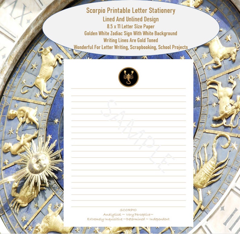 Scorpio Zodiac Inspired Printable Letter Size Writing Stationery, Lined ...