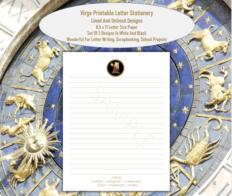 Virgo Zodiac Inspired Printable Letter Size Writing Stationery, Lined ...