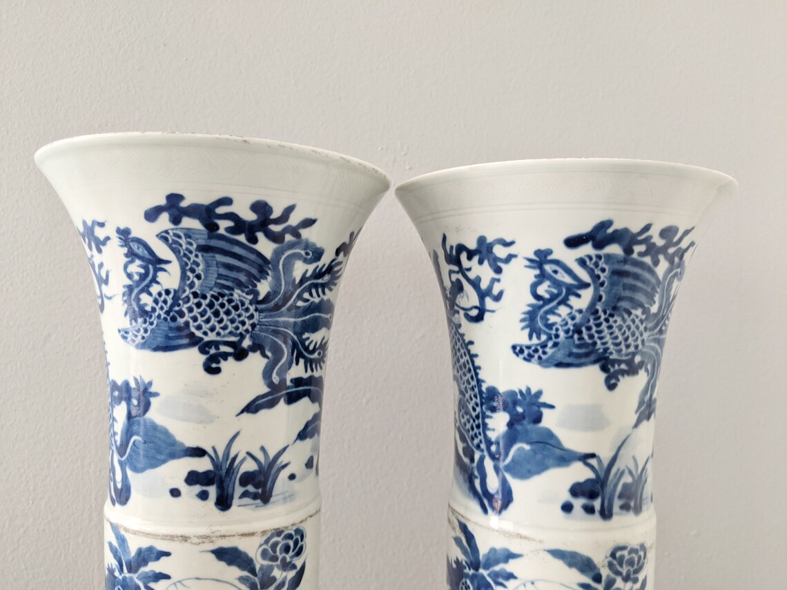 13" Pair of Blue and White Beaker Vases With Lions and Phoenix/ Large ...