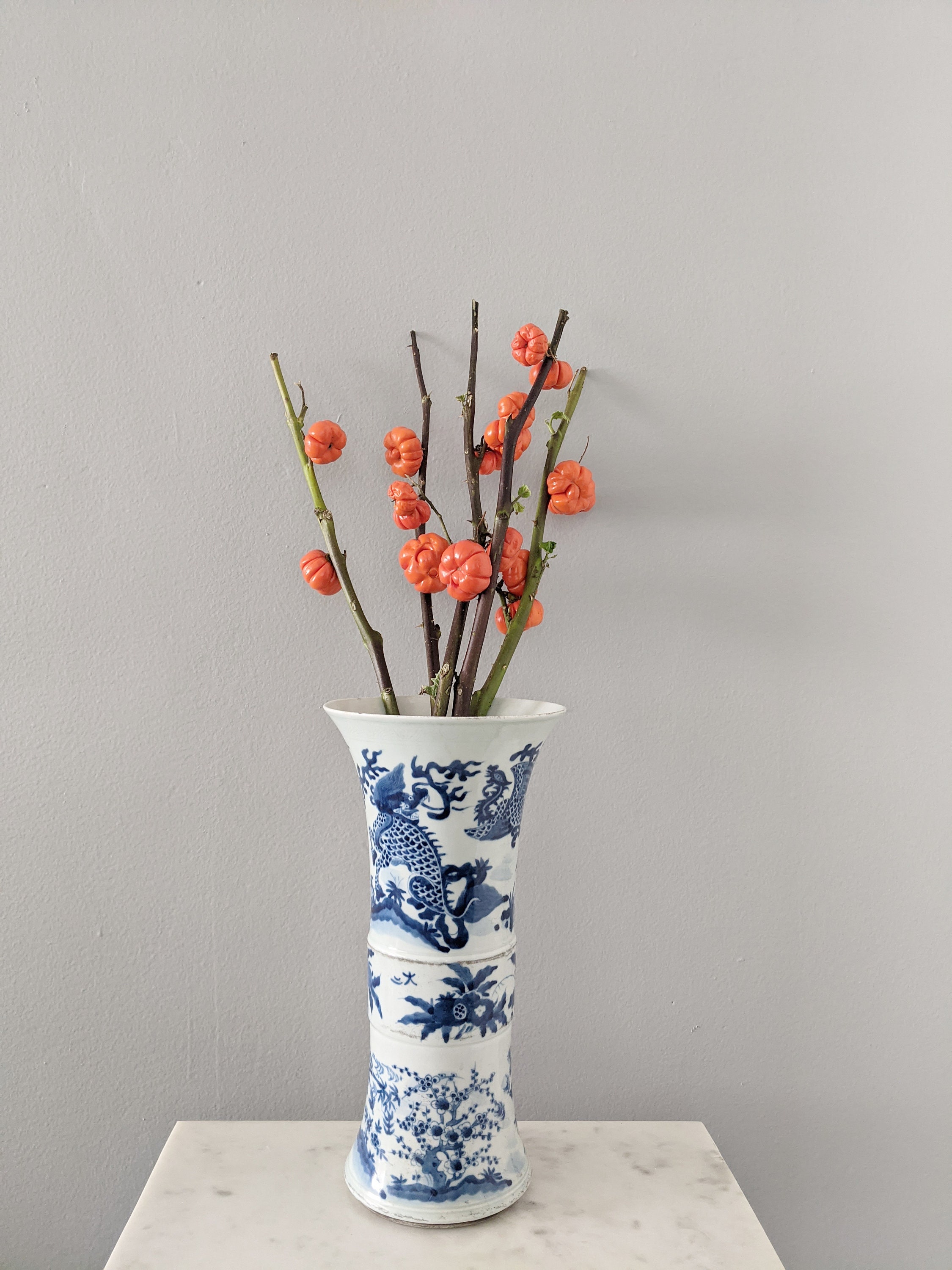 13" Pair of Blue and White Beaker Vases With Lions and Phoenix/ Large ...