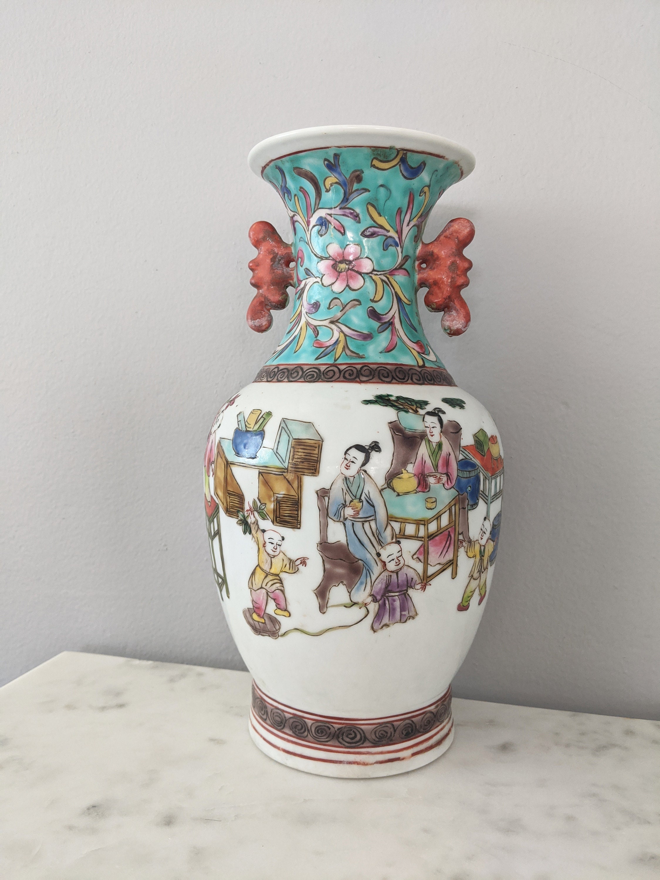 Two-handle Vase Depicting Kids at Play/ Chinese Antique/ Antique Vase ...