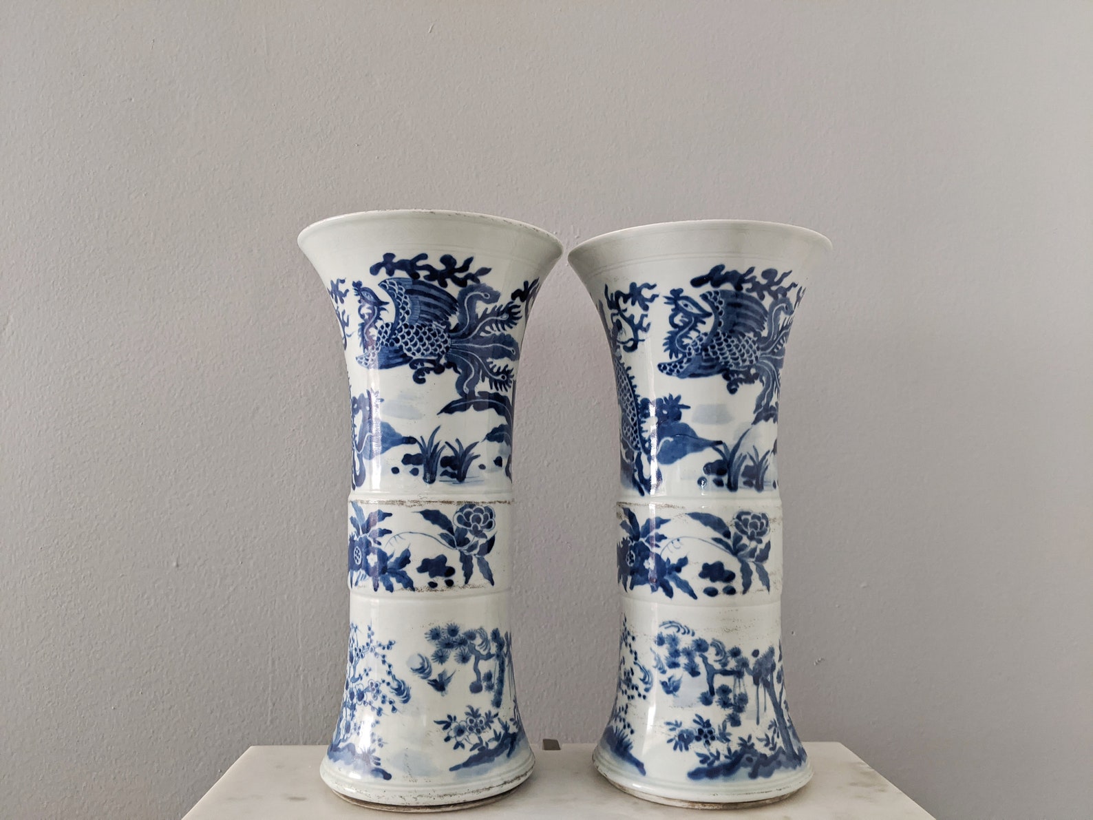 13 Pair of Blue and White Beaker Vases With Lions and Phoenix/ Large ...