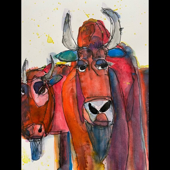 Red Bull Ranch watercolor and ink on paper 7 x10 2021. | Etsy