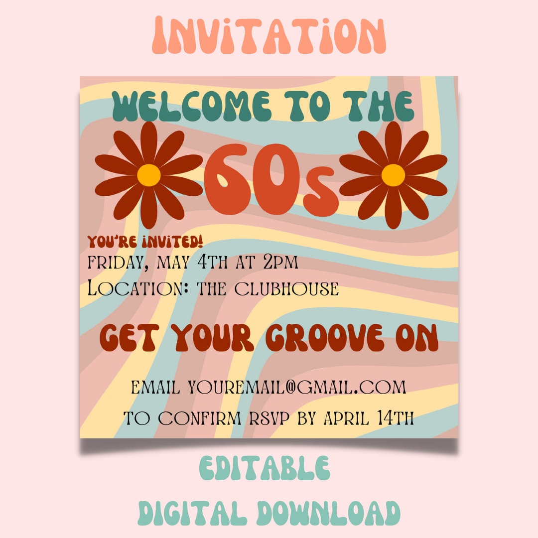 Welcome to the 60s Invitation PDF File, Editable File, Digital ...