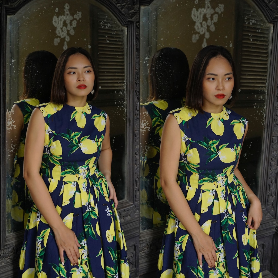 NATALIE DRESS in Navy Blue "lemon Tree" Fabric | Pin up Dress, Cotton ...