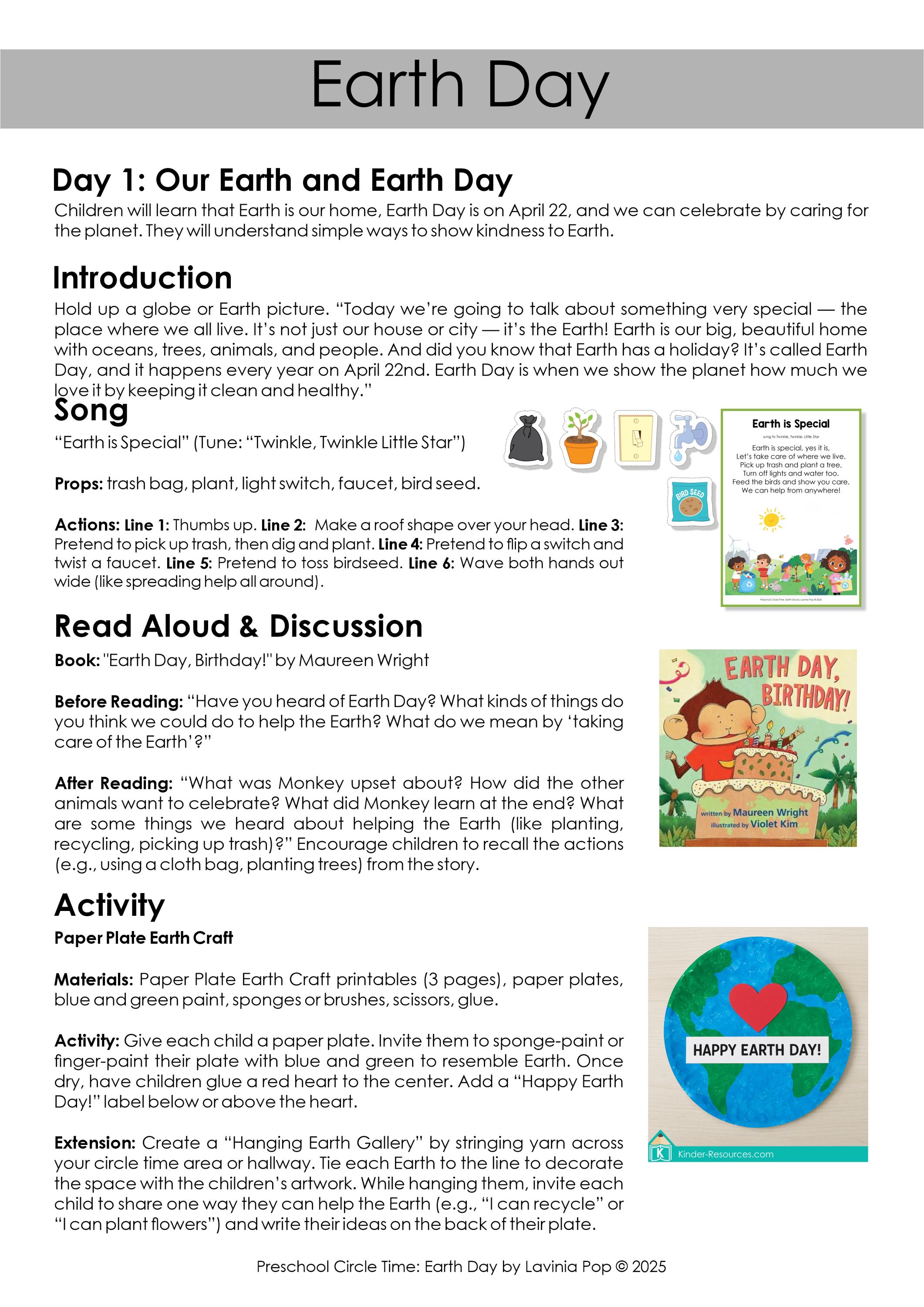 Earth Day Preschool Theme Curriculum Printables | Preschool Circle Time ...