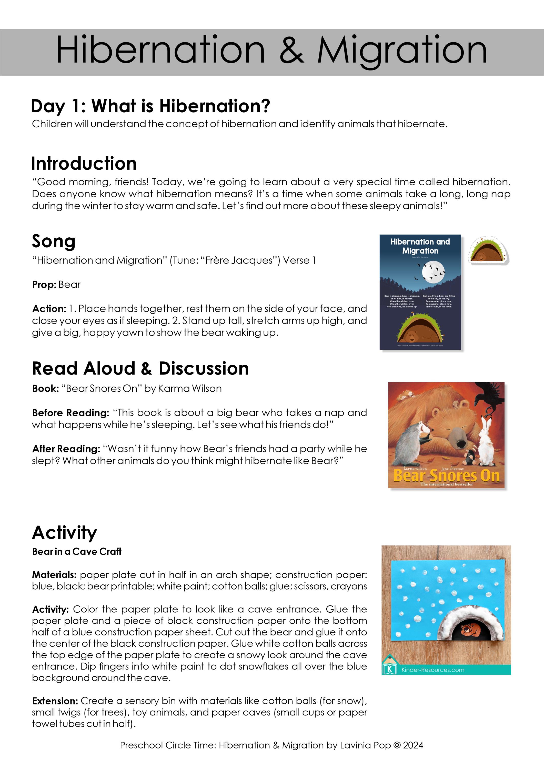 Hibernation and Migration Preschool Theme Curriculum Printables ...