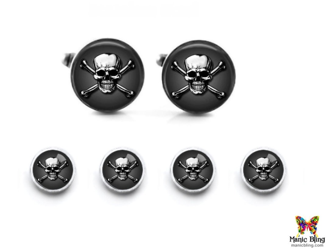 Skull and Crossbones Cufflinks and Tuxedo Studs | Silver Plated Brass ...
