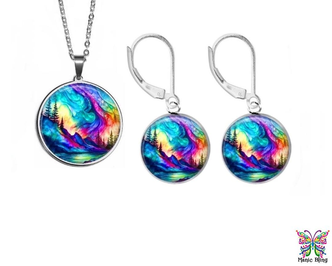 Northern Lights Earrings & Pendant Photo Jewelry Set Solid 925 Sterling ...