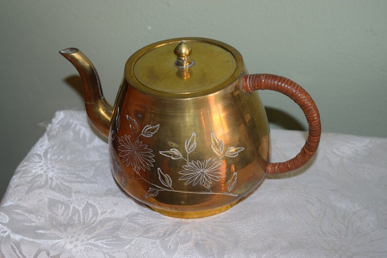 Vintage Chinese Etched Brass Teapot Leather Wrapped Handle - Etsy