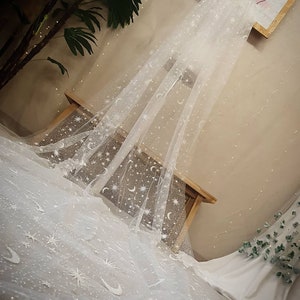 Celestial Glitter Moon and Stars Veil, Glitter Tulle, Star Veil, Ivory ...