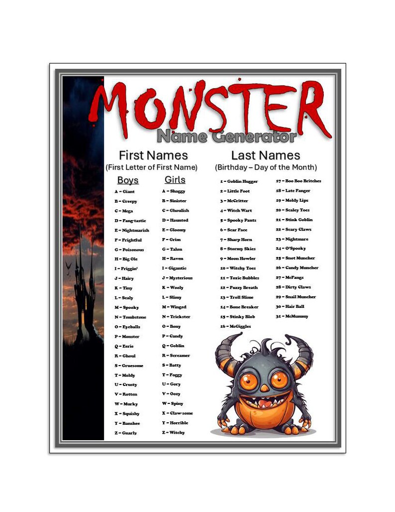 Monster Name Generator With Name Tags - Halloween - Etsy