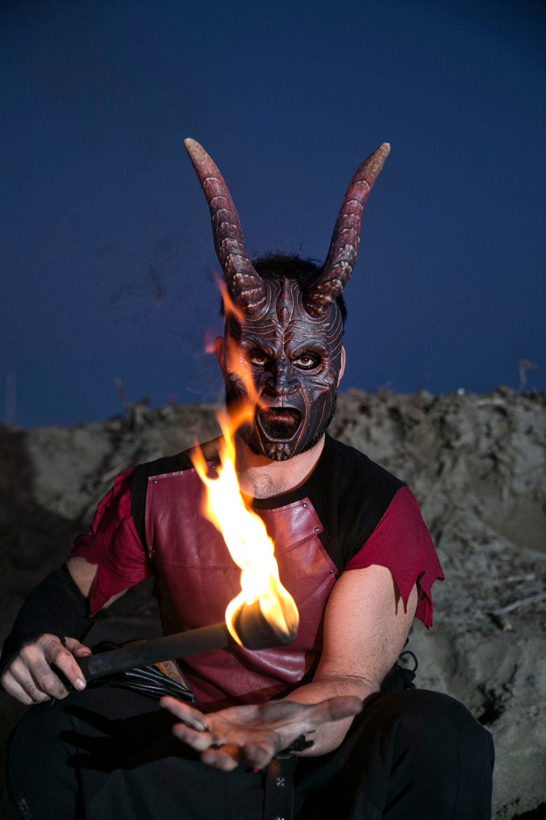 MADE TO ORDER Fire Juggler, Horned Mask, Demon, Larp, Theatre Costume ...