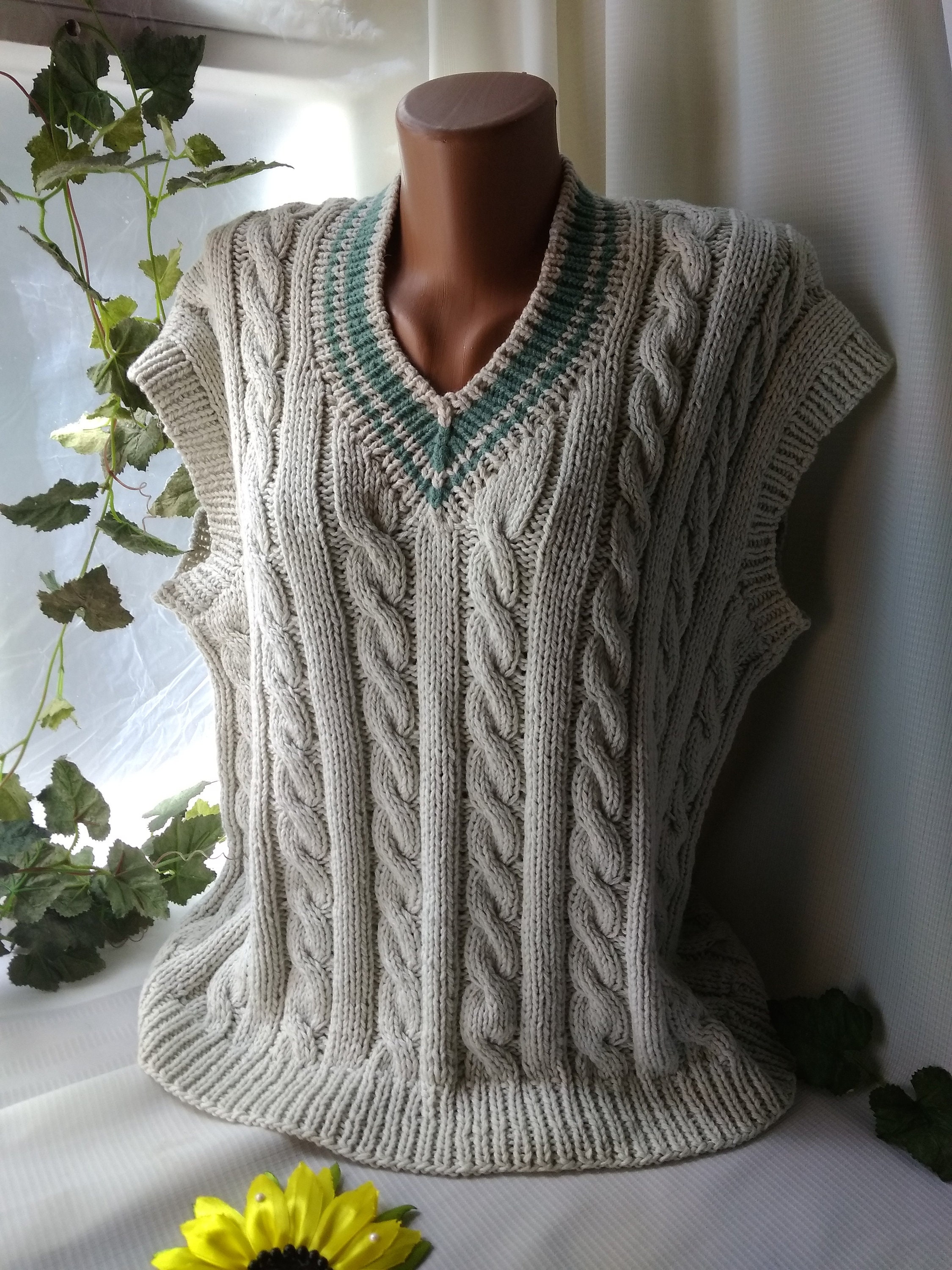 Hand Knit Vest Sweater Office Outfit Merino Yarn Gender Neutral V Neck ...