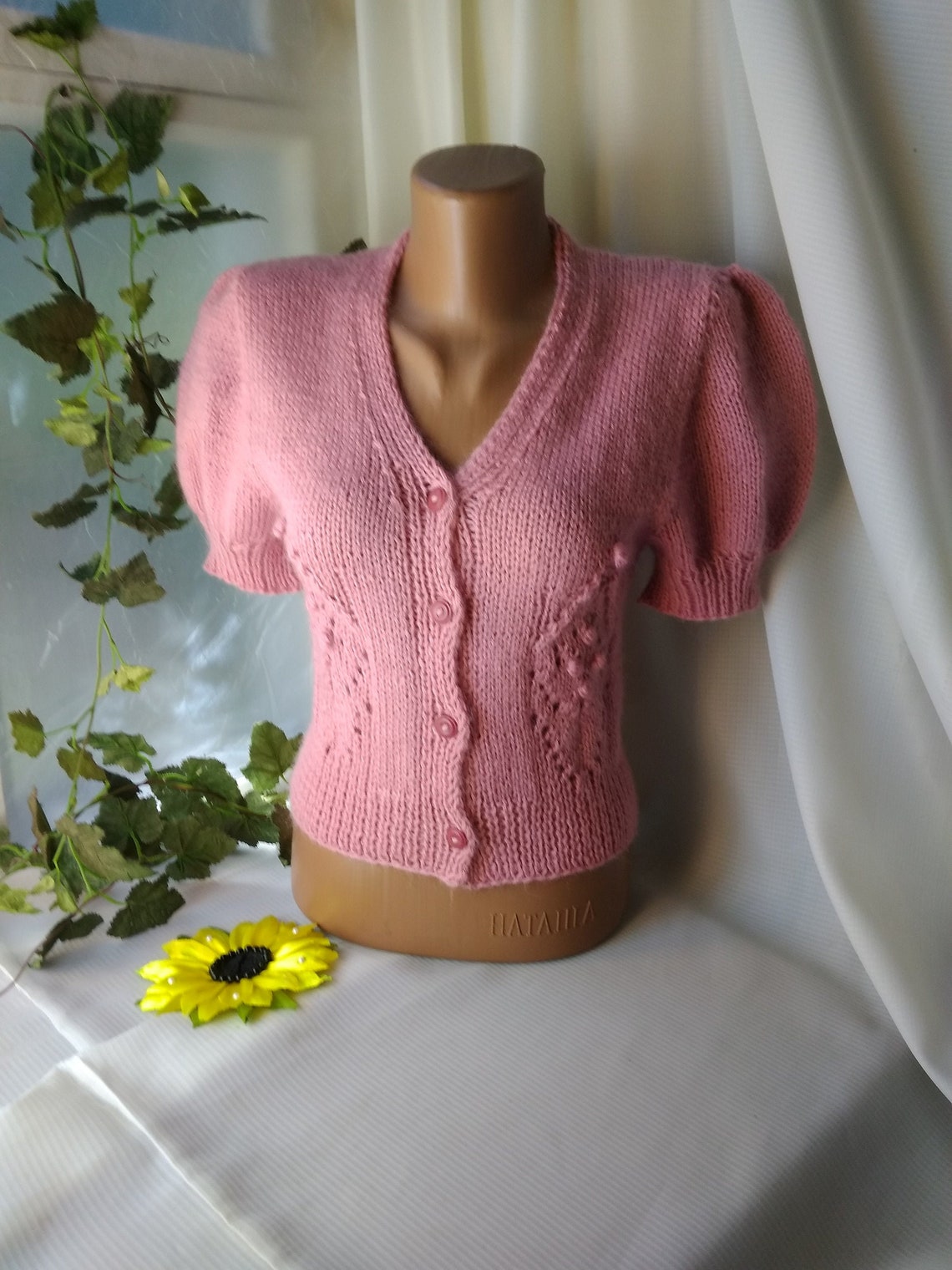 Pink Cropped V Neck Button-down Cardigan Knitted Women's Short Sleeve ...