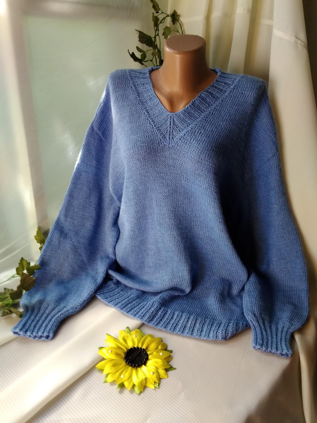 Blue Hand Knit Oversized V-neck Sweater: Wool Cashmere Blend - Etsy