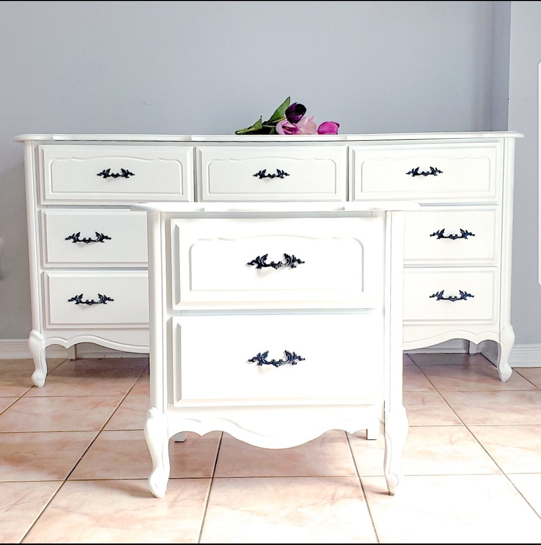 French Provincial Night Stand in White With Black Handles French Decor ...