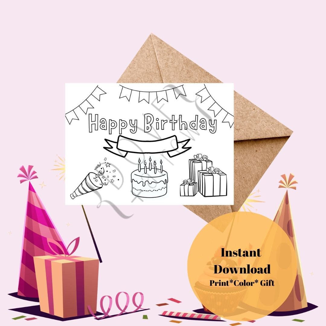 Happy Birthday Card - Printable Coloring Birthday Card PDF Download ...