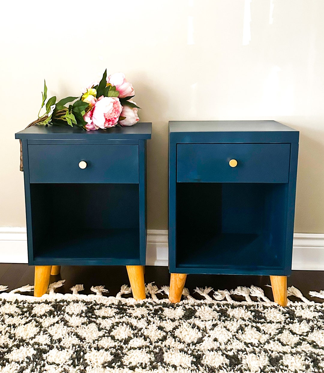 MCM Pair of Night Stands Side Tables Willowbank Blue With Light Wood ...