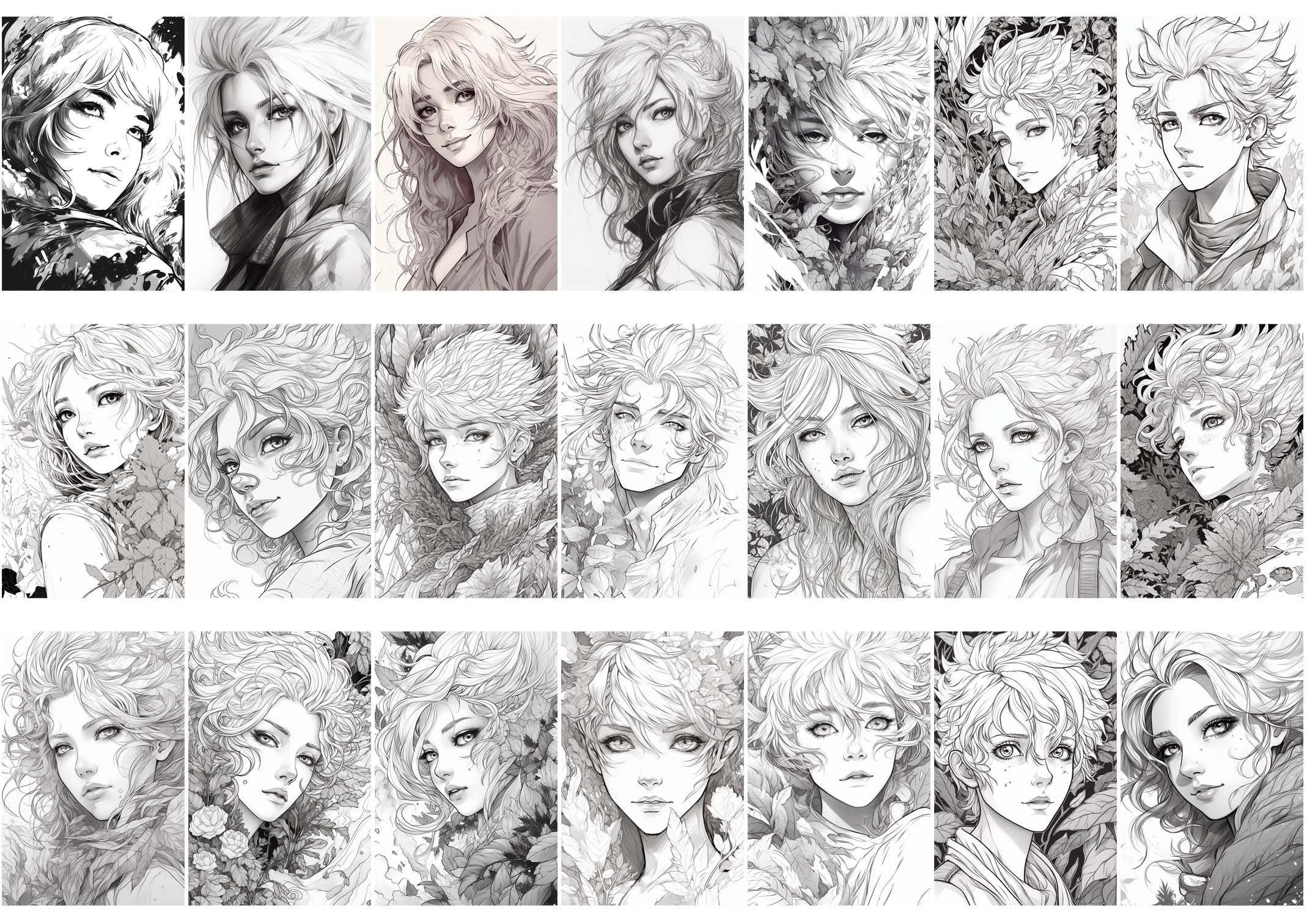 Manga Face Coloring Pages for Adults. Coloring Sheets. Grayscale Art ...