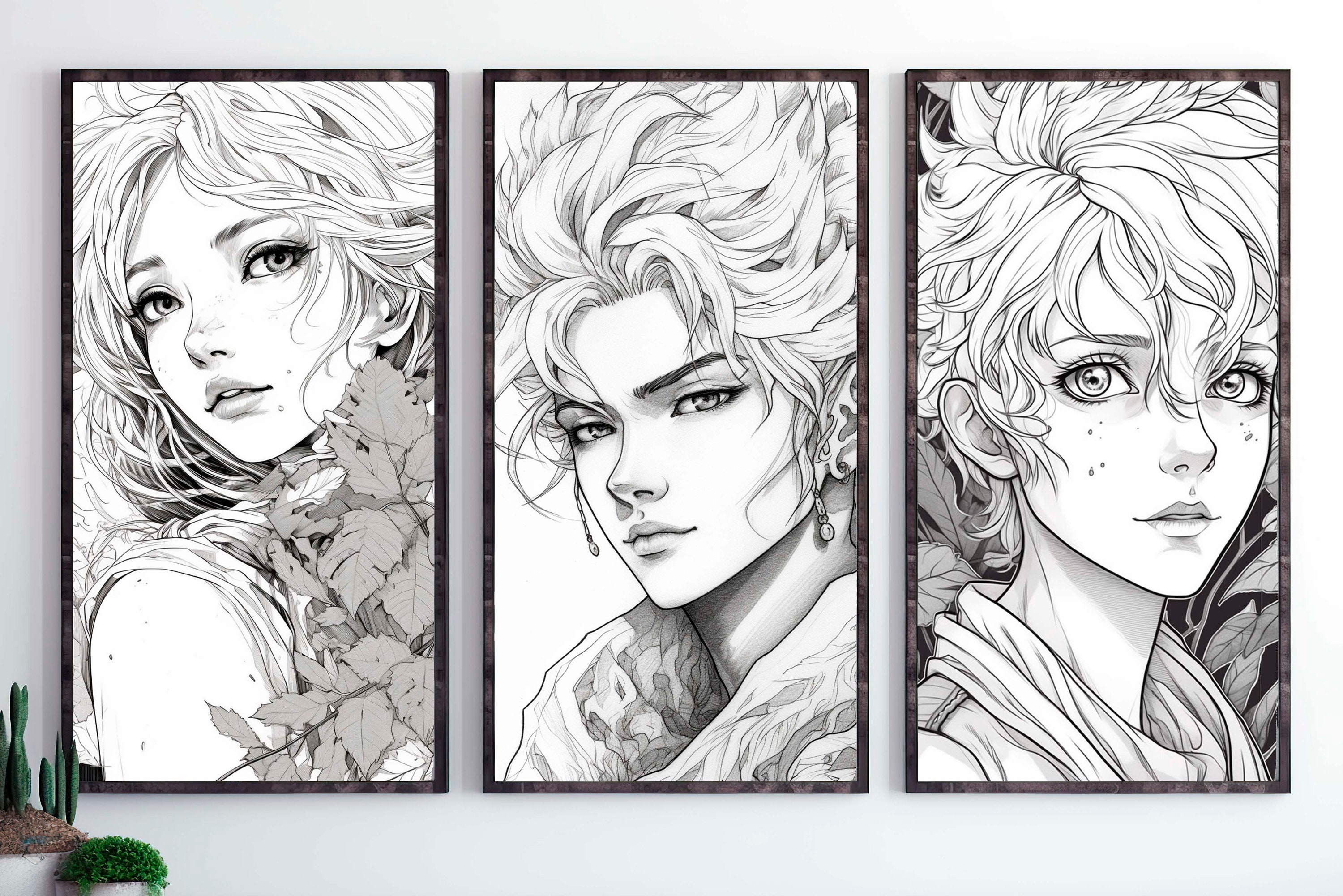 Manga Face Coloring Pages for Adults. Coloring Sheets. Grayscale Art ...