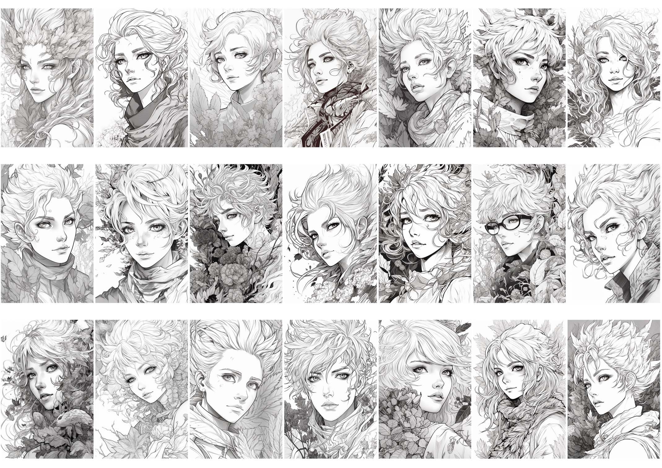Manga Face Coloring Pages for Adults. Coloring Sheets. Grayscale Art ...