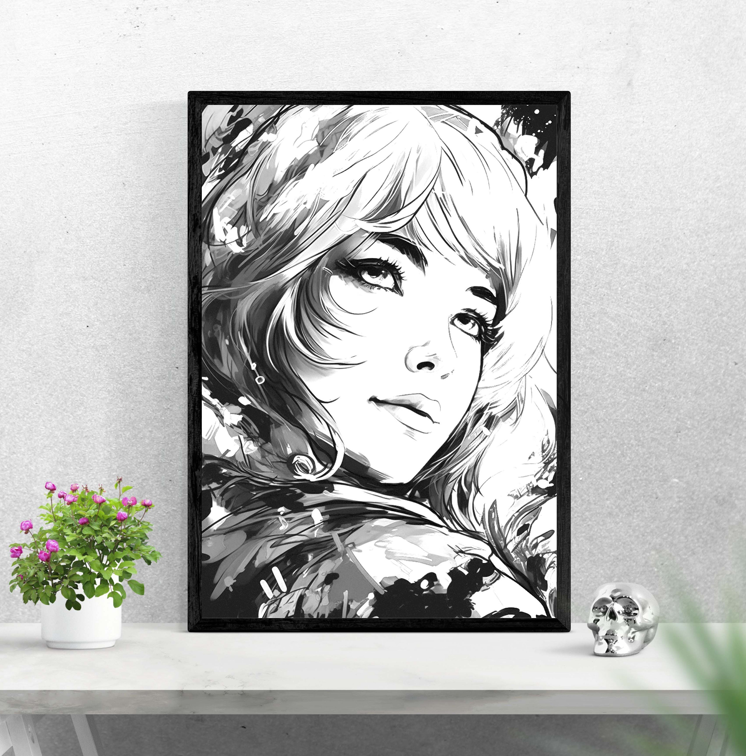 Manga Face Coloring Pages for Adults. Coloring Sheets. Grayscale Art ...
