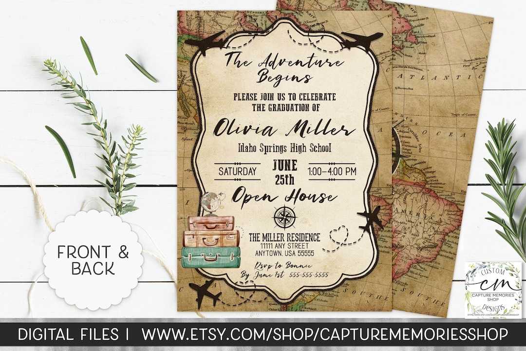 Adventure Begins Graduation Party Invitation, Vintage Travel College ...