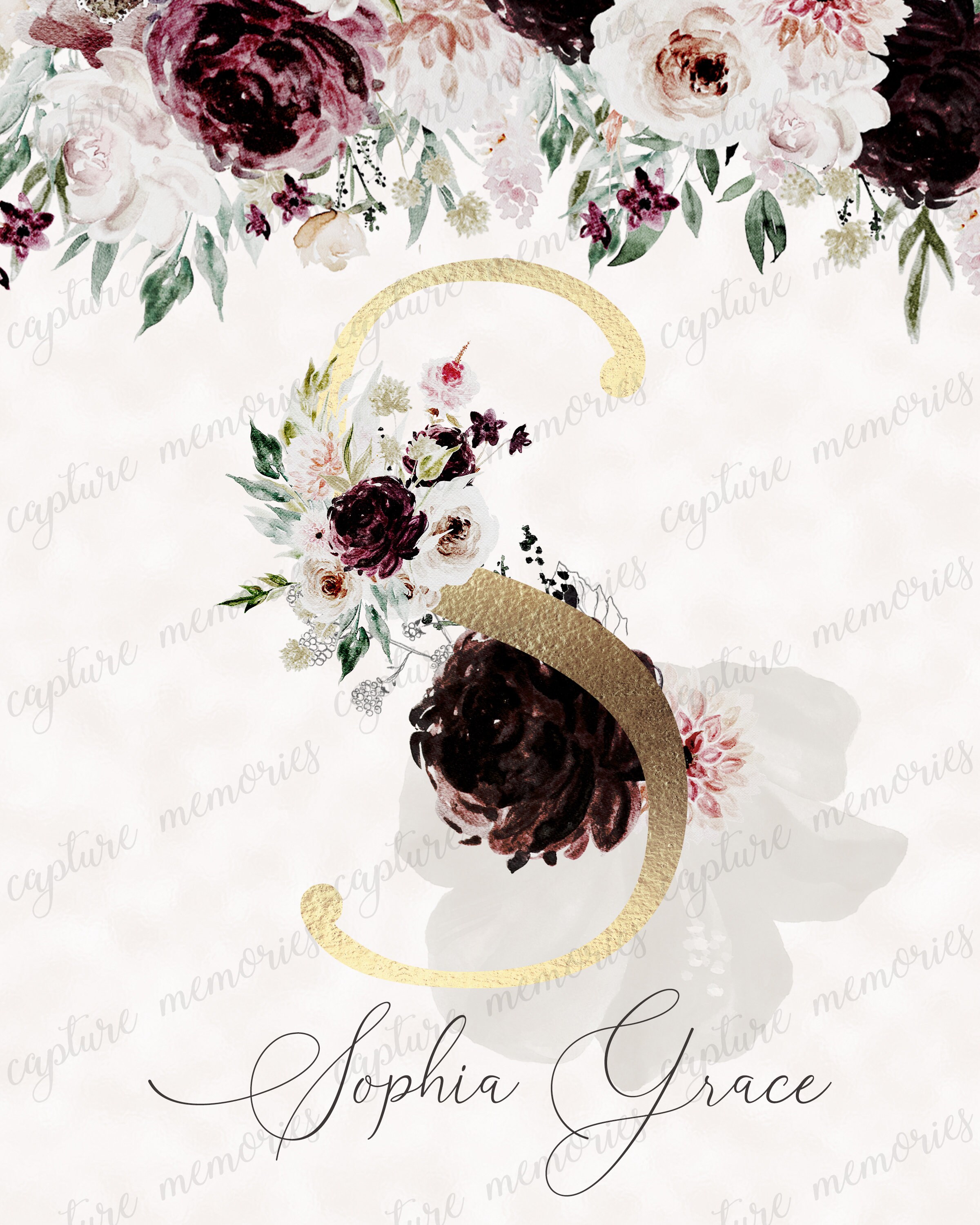 Flower Letter Initial Wall Art Burgundy and Blush Nursery | Etsy