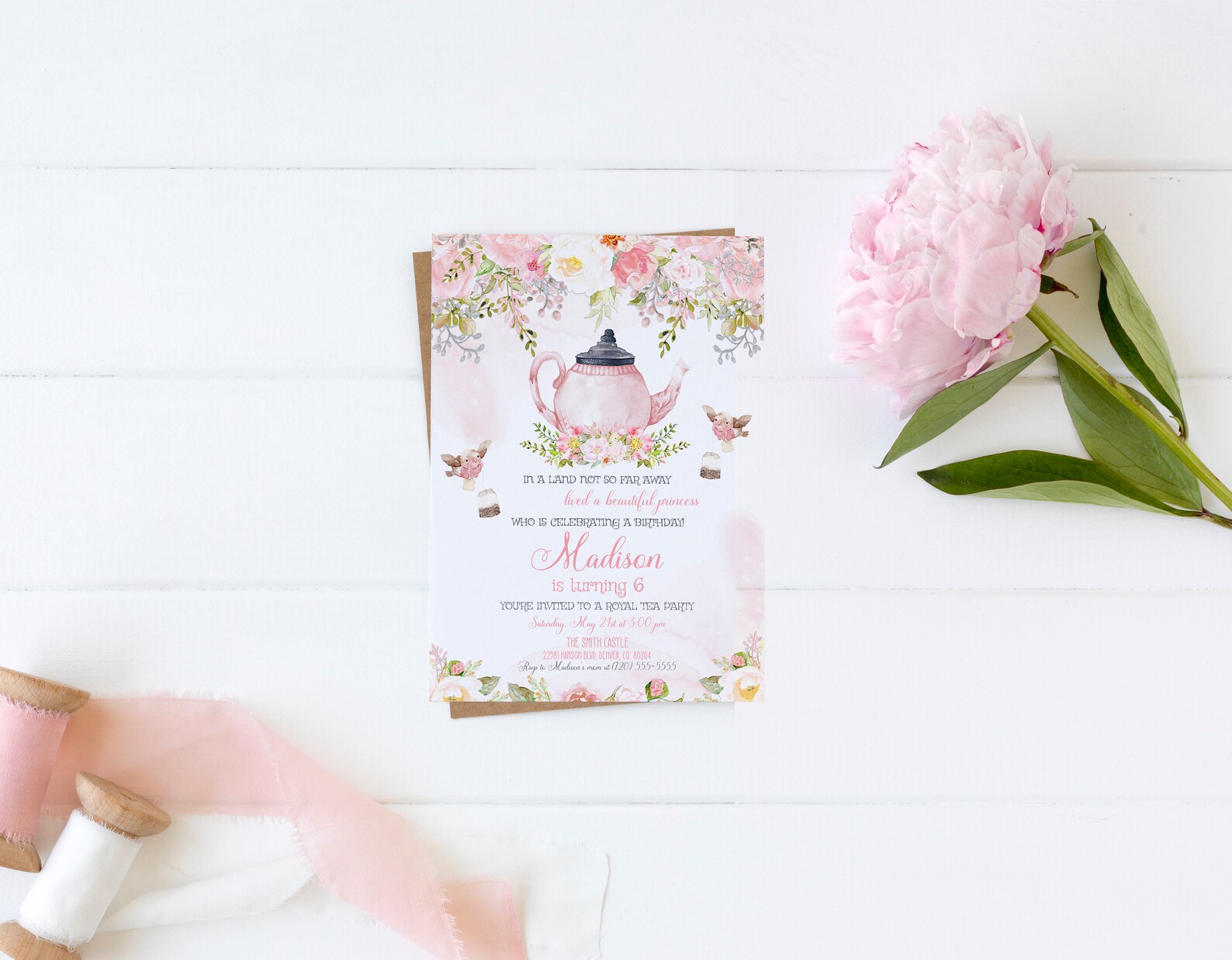 Tea Party Invitation Pink Watercolor Tea Pot Blush Pink | Etsy