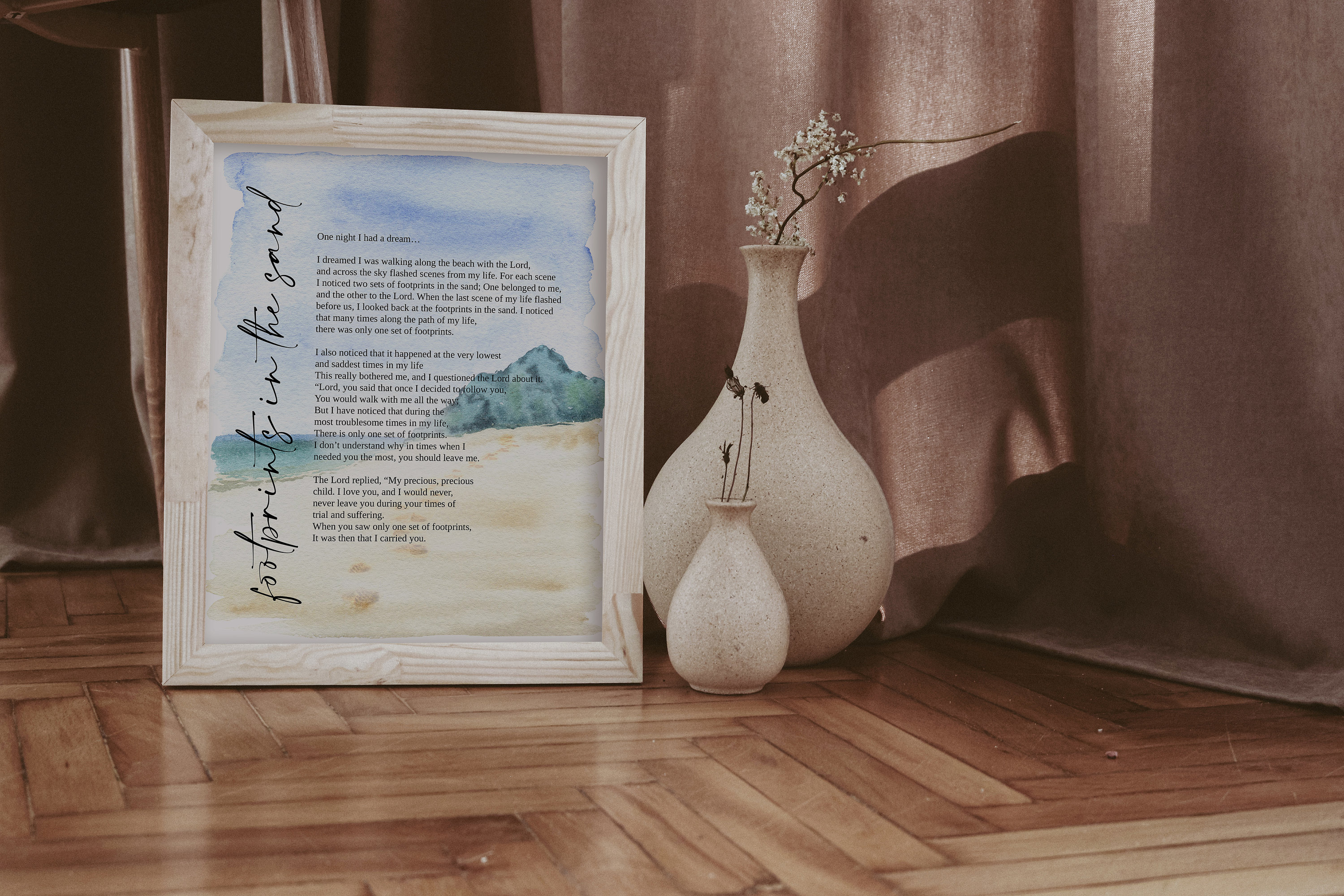 Footprints in the Sand Prayer Printable: Ocean Watercolor (digital ...