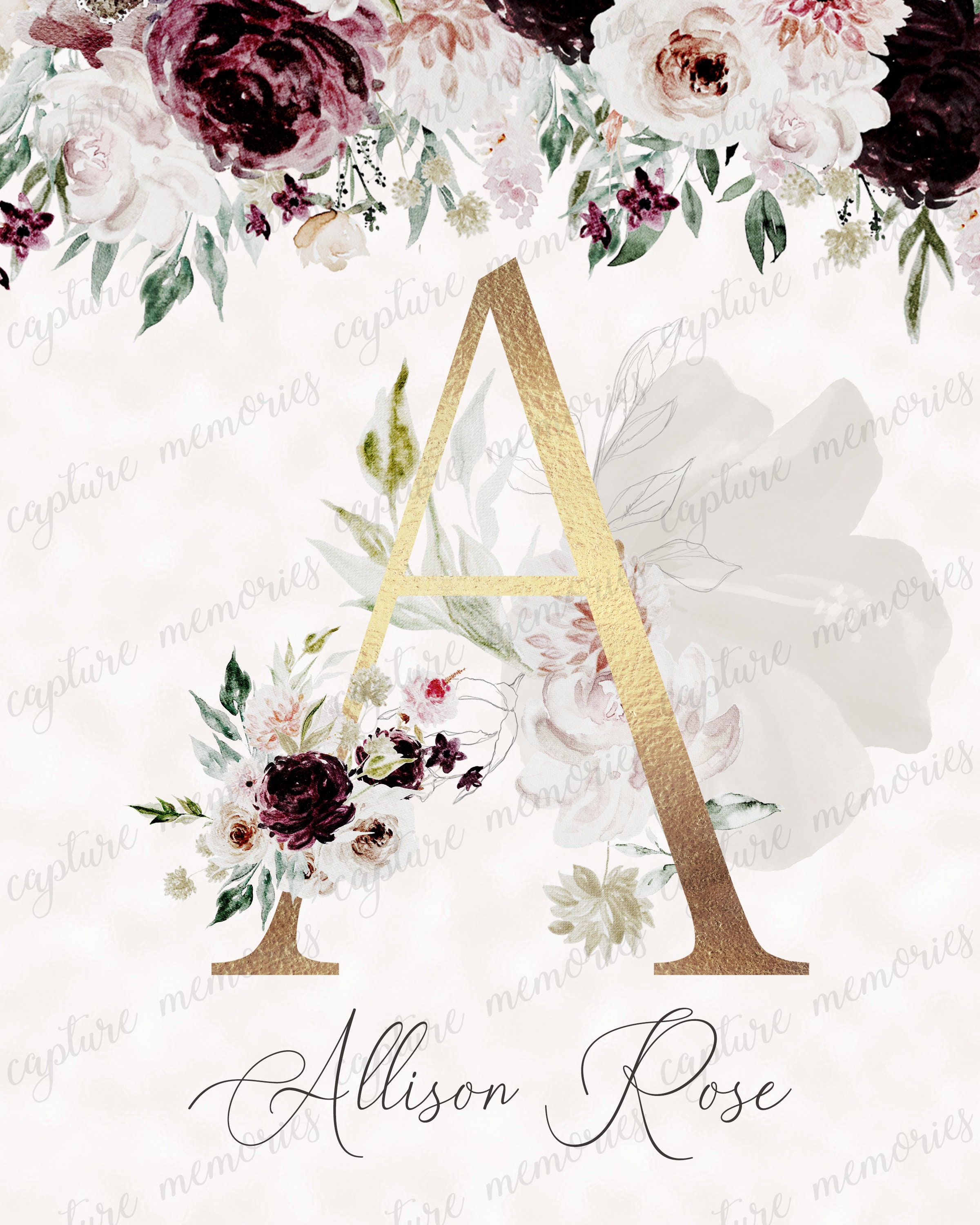 Flower Letter Initial Wall Art Burgundy and Blush Nursery | Etsy