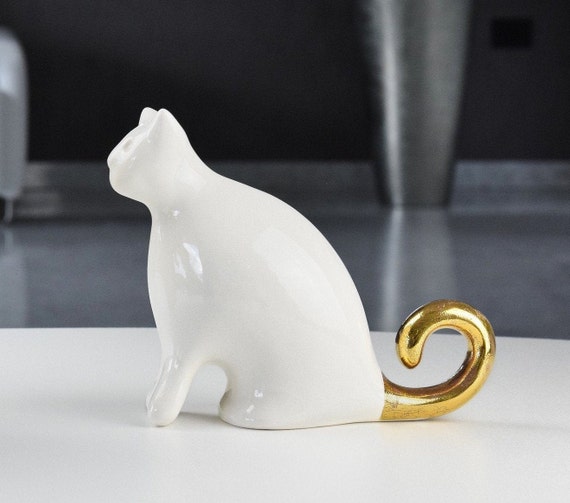White Gold Cat Statue Porcelain Cat Sculpture Living Room - Etsy