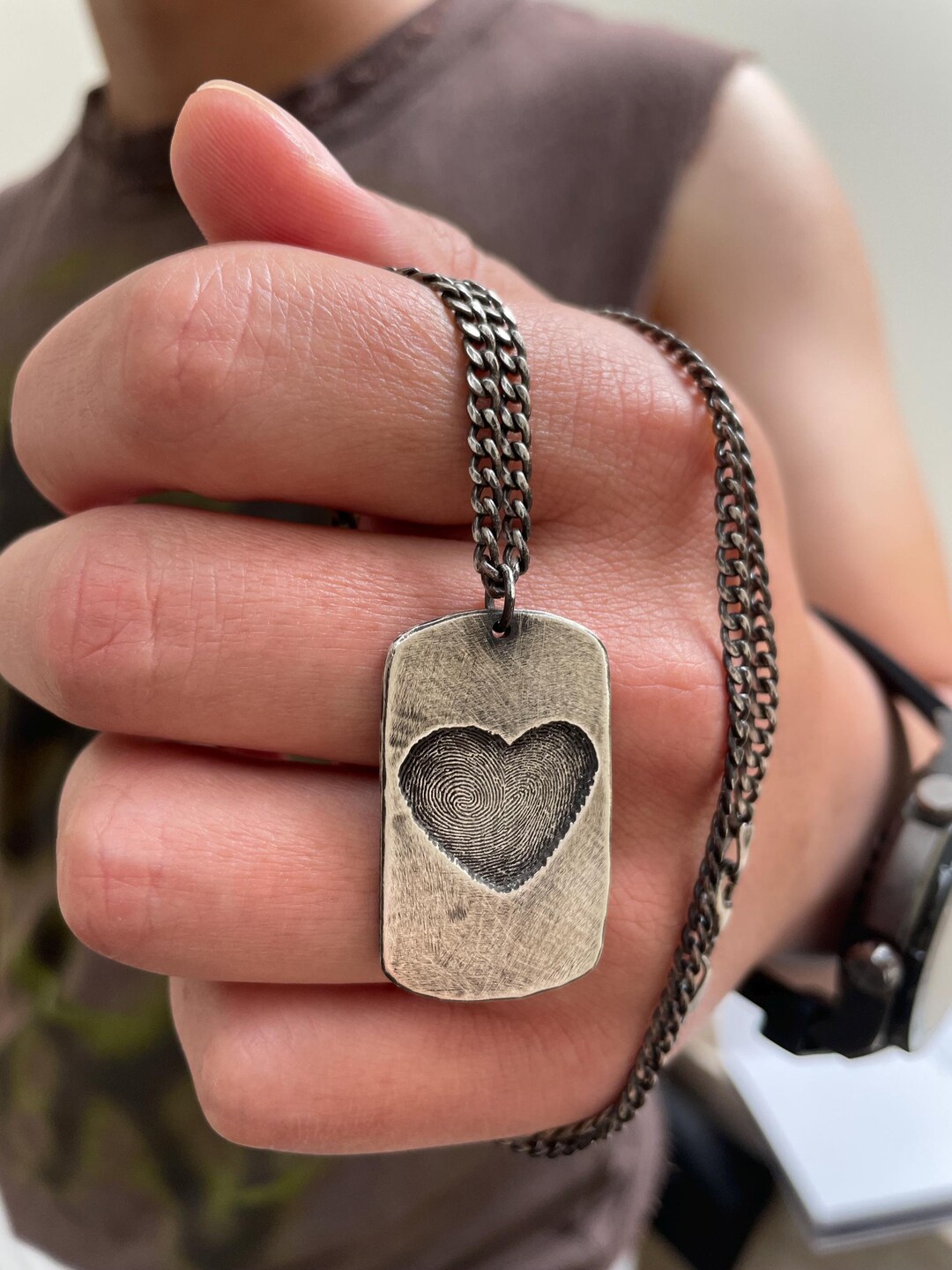 Custom Dog Tag Necklace /retro Style Fingerprint Heart Charm ...
